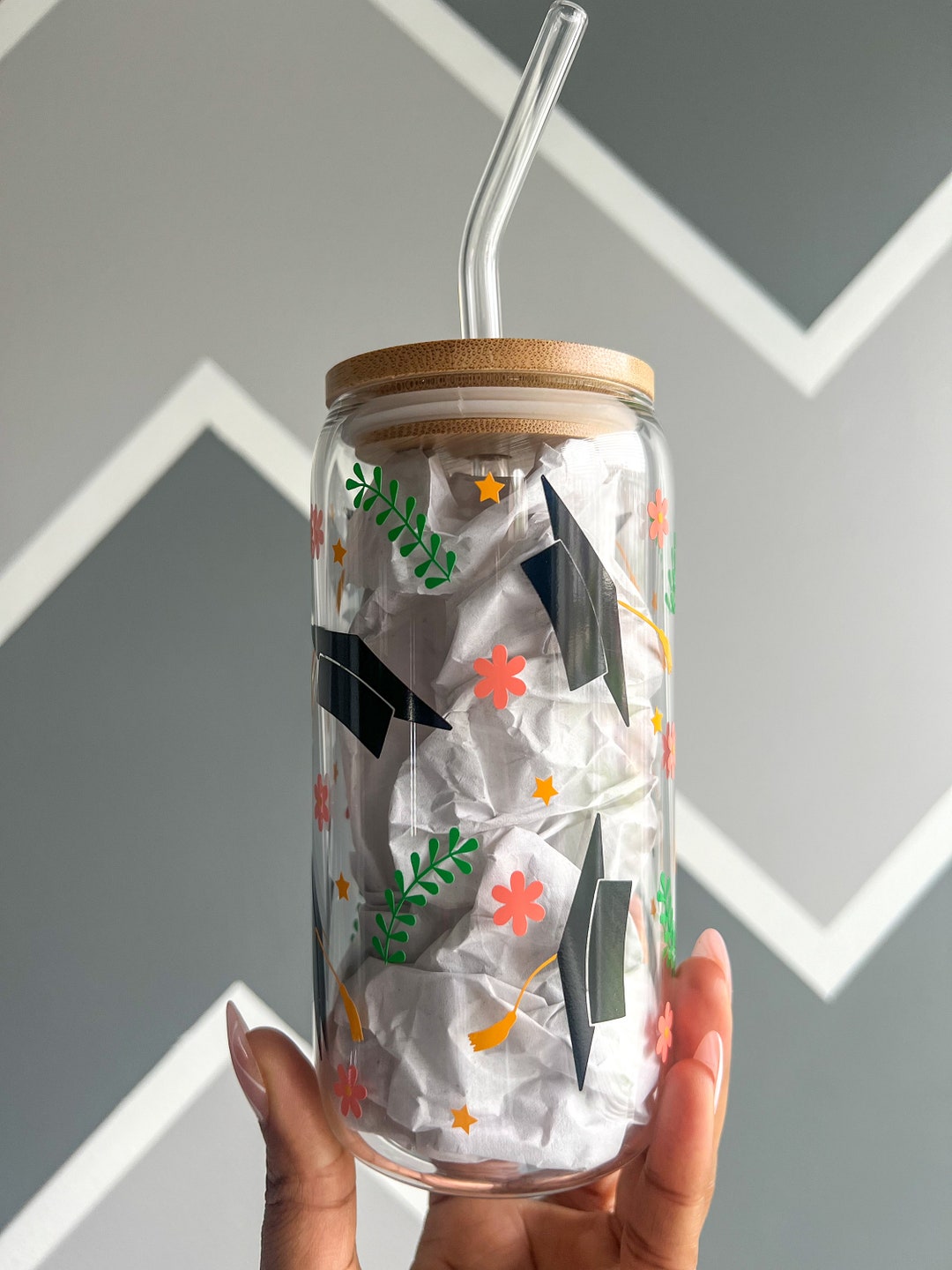 Floral Graduation Cap Glass Cup - Class of 2024, College Graduate, High ...