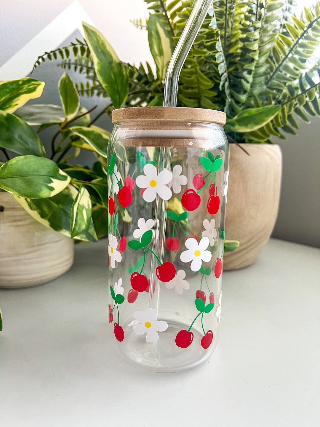 Cherry Daisy Glass Cup - Daisy Cup, Floral Glass Cup, Fruit Glass Cup ...