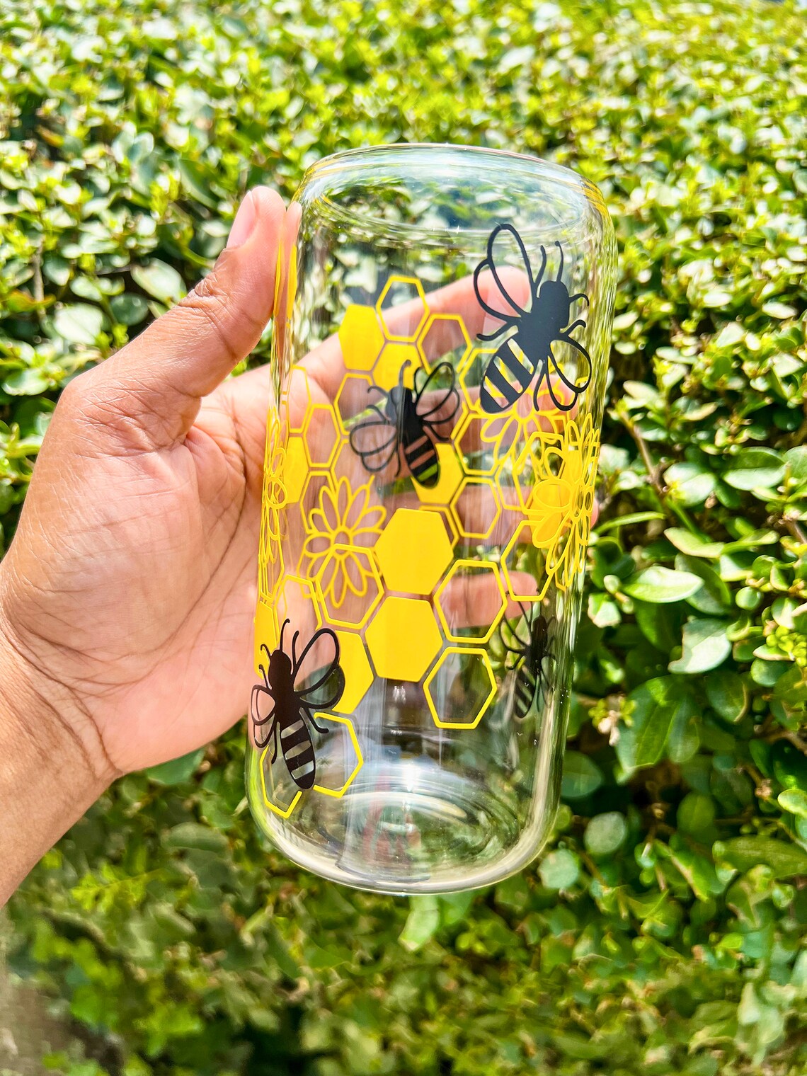 HONEY BEE DAISY Glass Cup- Iced Coffee Glass, Glass Coffee Cup, Beehive ...