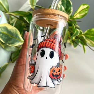 Iced Coffee Ghost Glass Cup spooky Halloween Drinkware, Cute Ghost ...