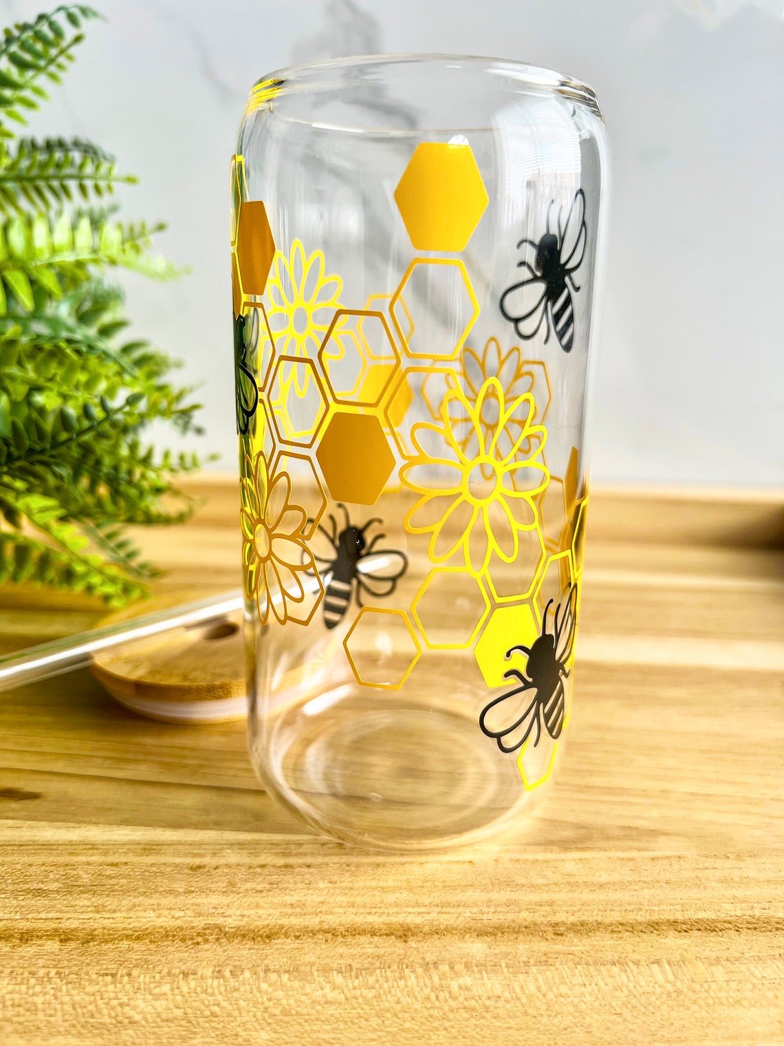 HONEY BEE DAISY Glass Cup- Iced Coffee Glass, Glass Coffee Cup, Beehive ...