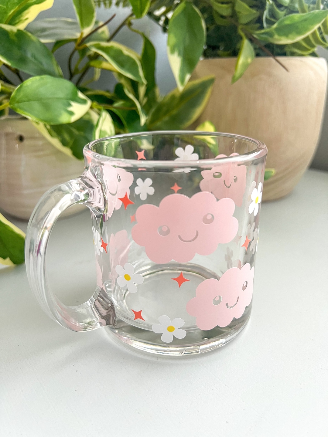 Happy Clouds Glass Mug - Daisy Cup, Springtime, Spring Vibes, Clouds ...