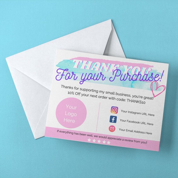 Editable Thank You for Your Purchase Cards Business Template - Etsy