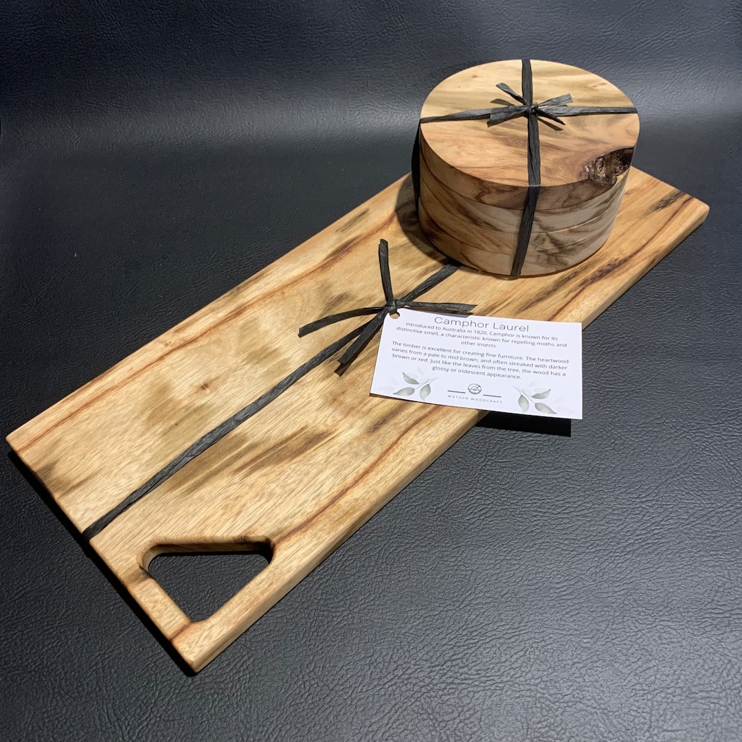 Handmade Wooden Cheese Board & Coaster Bundle - Camphor Laurel Matching ...