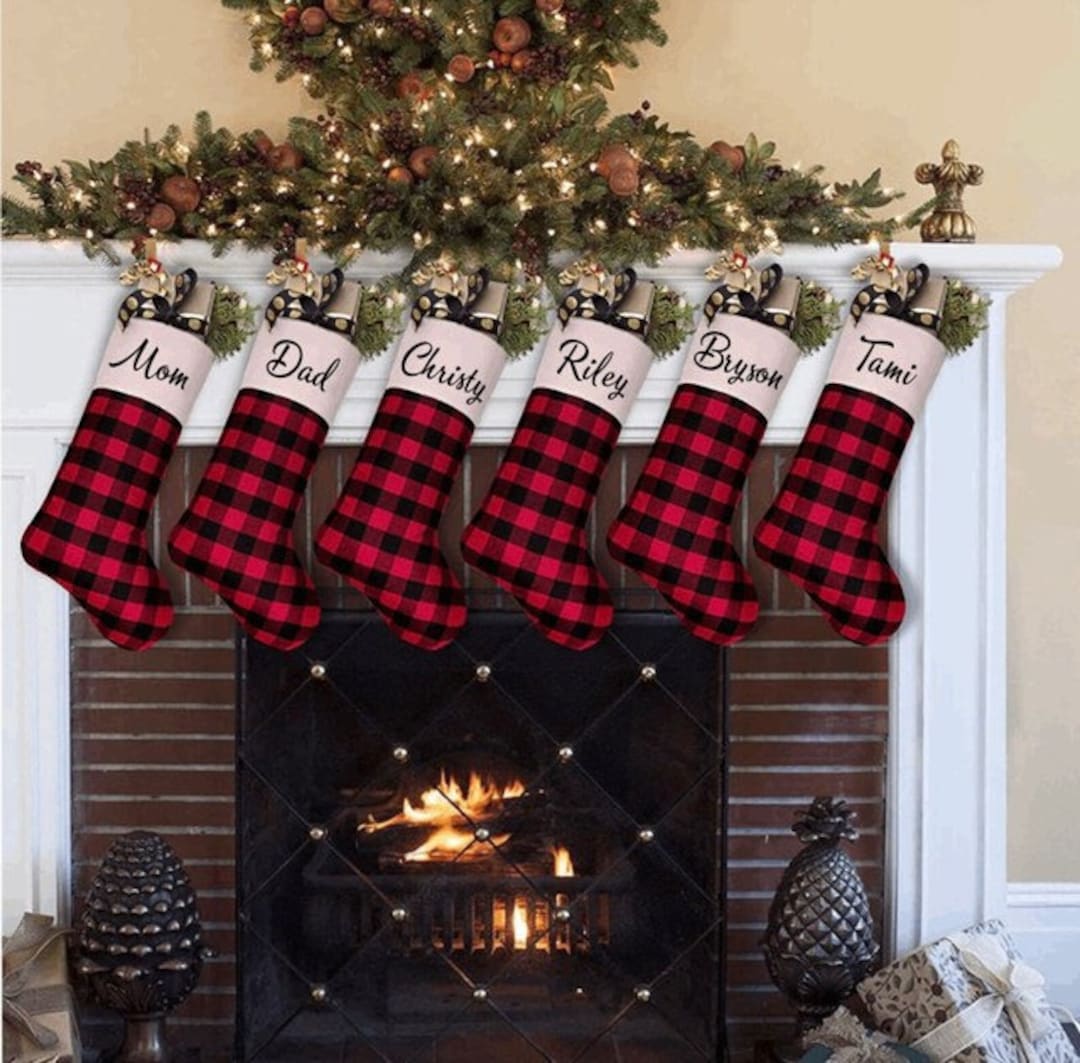 18” Large Personalized Buffalo Plaid Christmas Stockings | Personalized ...