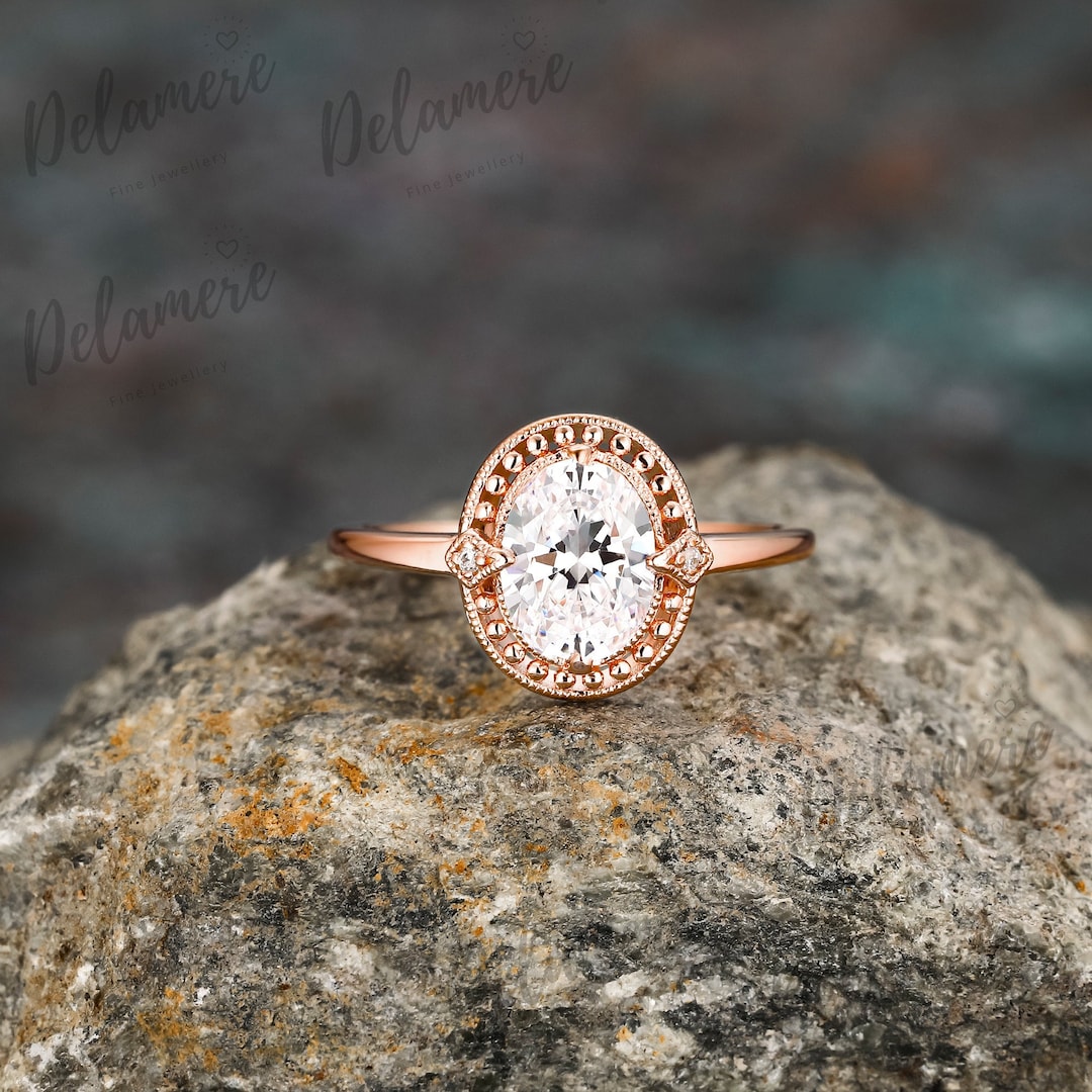 Art Deco Solid Rose Gold Promis Ring Oval Cut DF 1.5ct Moissanite ...