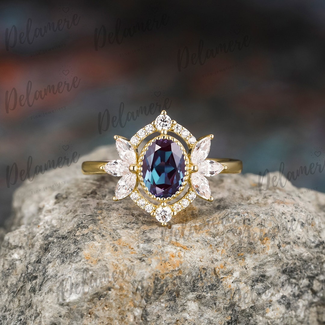 Oval Alexandrite Engagement Ring Moissanite Cluster Ring 14k Solid ...