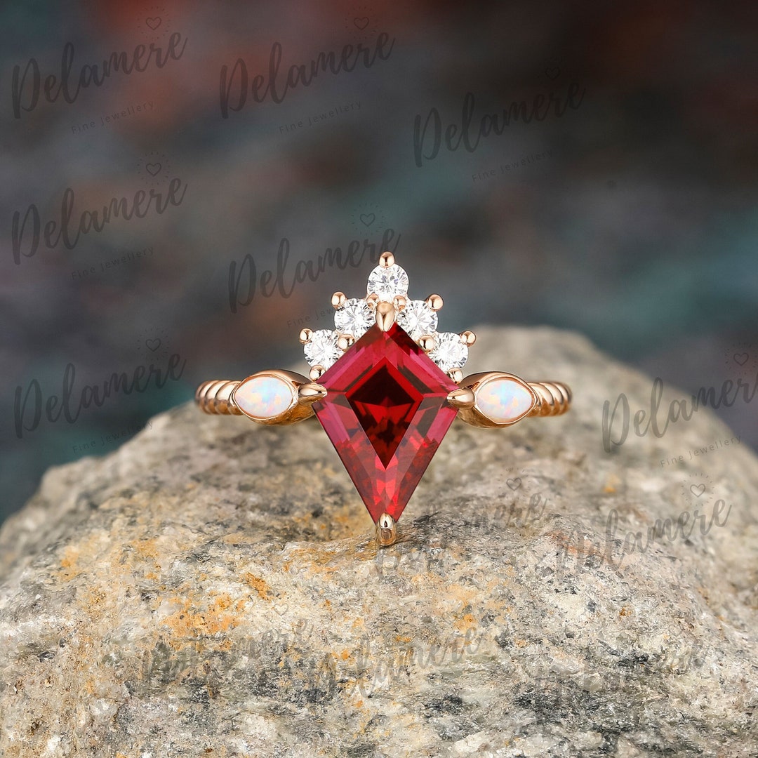 Kite Cut Red Ruby Engagement Ring 14k Solid Rose Gold Unique Crown ...