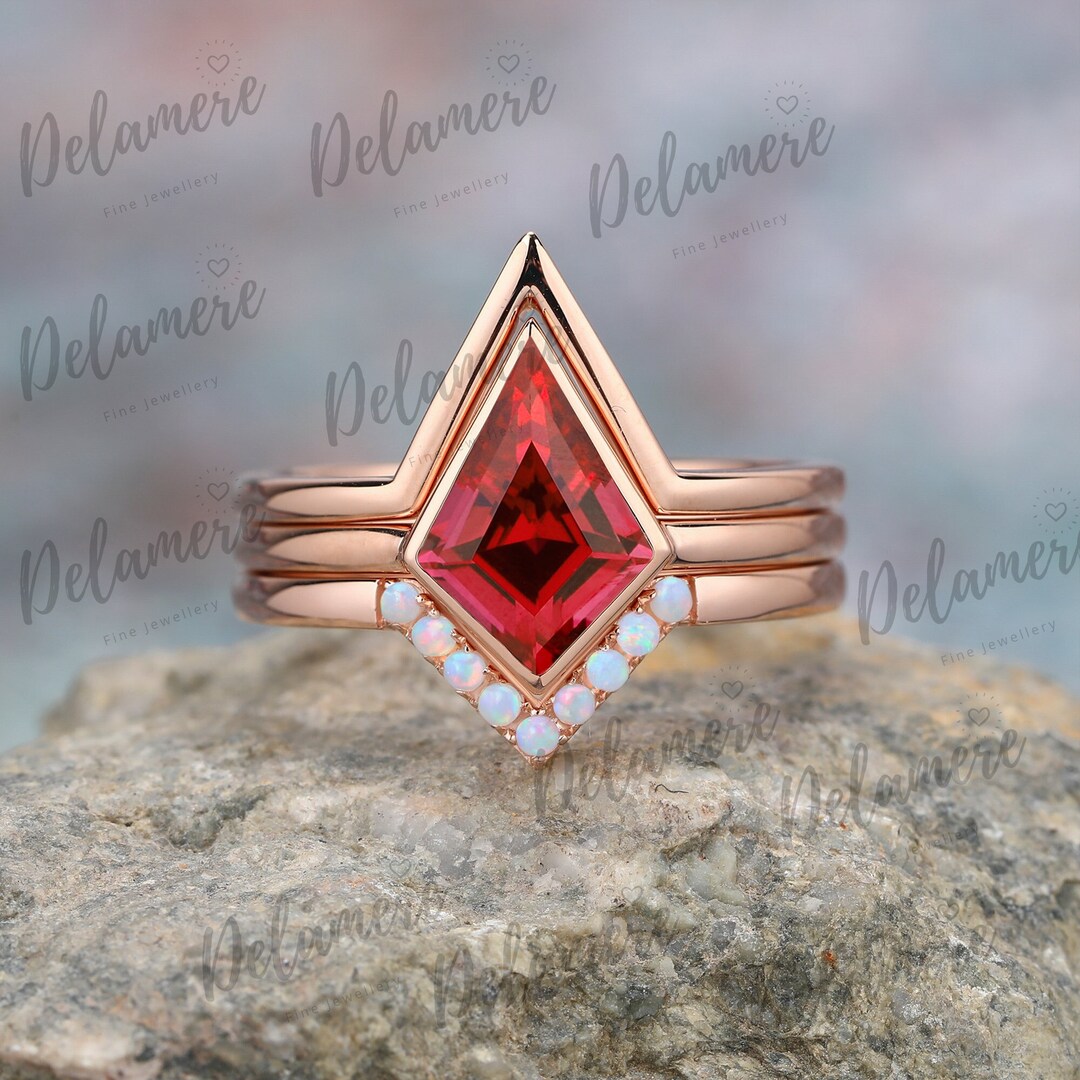 Kite Shape Red Ruby Engagement Ring Set 14K Rose Gold Opal Cluster Ring ...