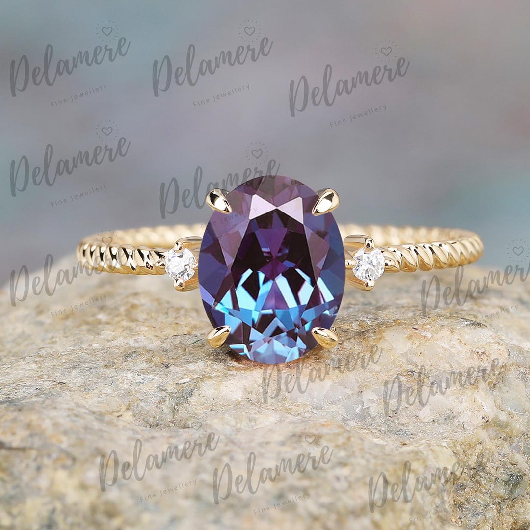 Unique Change Color Stone Bridal Ring Oval Cut Alexandrite Engagement ...