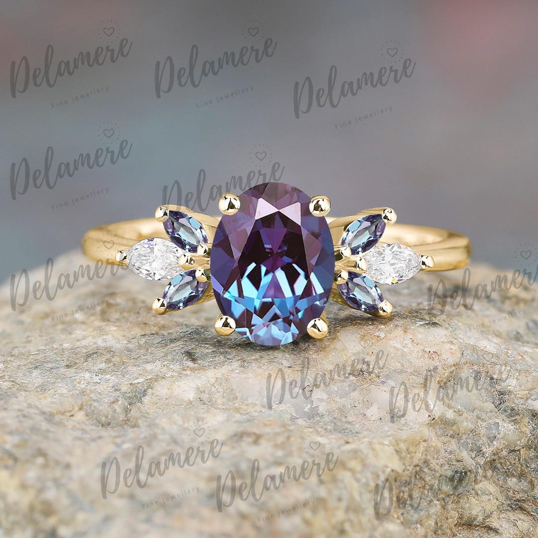 Unique Change Color Stone Bridal Ring Oval Shape Alexandrite Engagement ...