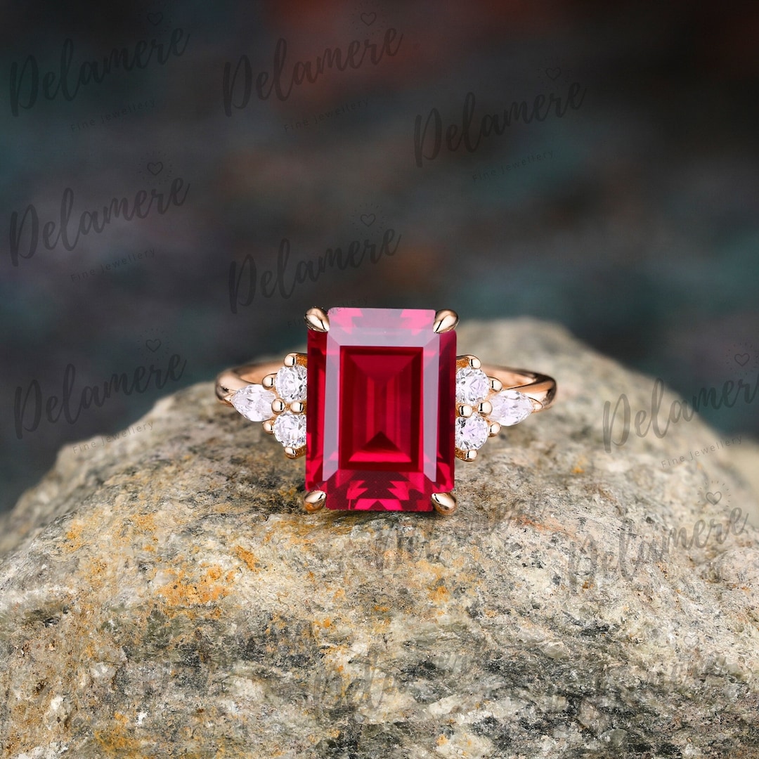 Emerald Cut Lab Red Ruby Gold Engagement Ring Moissanite Cluster Rings ...