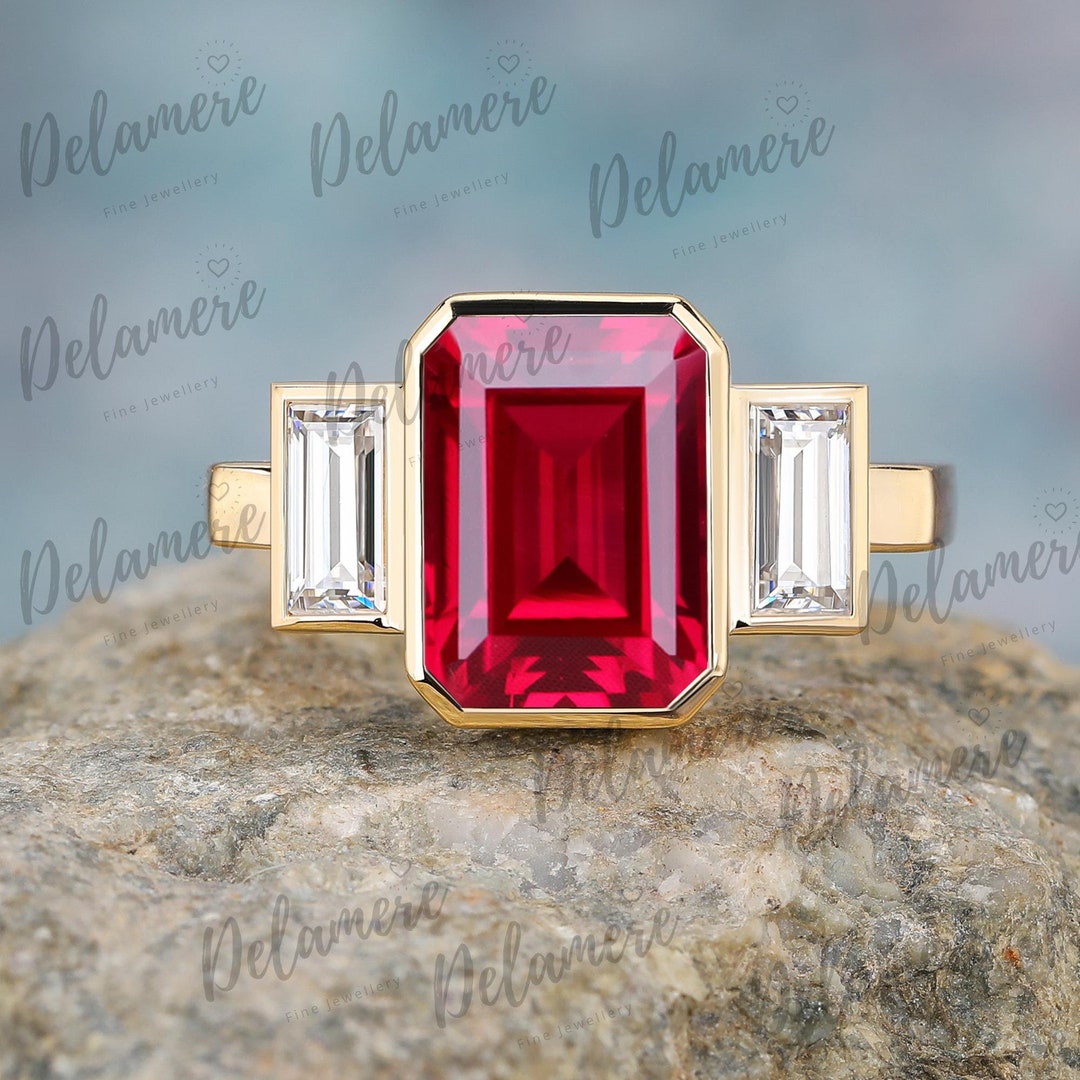 Vintage Red Ruby Bridal Ring Emerald Cut Red Gemstone Engagement Ring ...