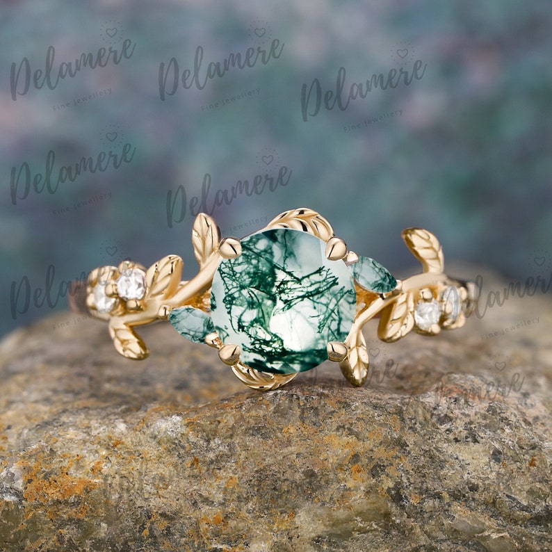 Round Moss Agate Engagement Ring Leaf and Vine Engagement Ring Yellow ...