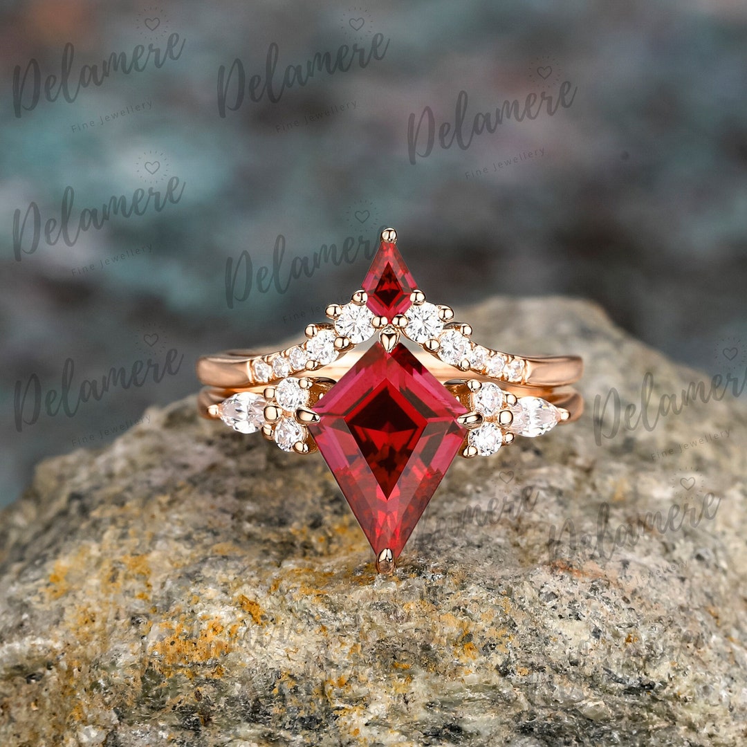 Kite Cut Ruby Engagement Ring Set Vintage Unique Gemstone Rose Gold ...