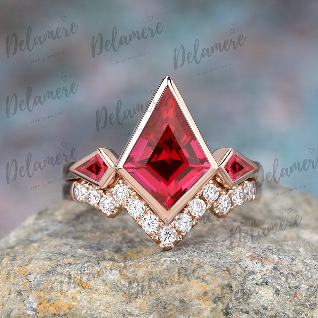 Kite Shape Red Ruby Engagement Ring Moissanite Bridal Sets Red Gemstone ...