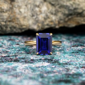 Emerald Cut Blue Sapphire Engagement Ring 14k Solid Yellow Gold Ring ...