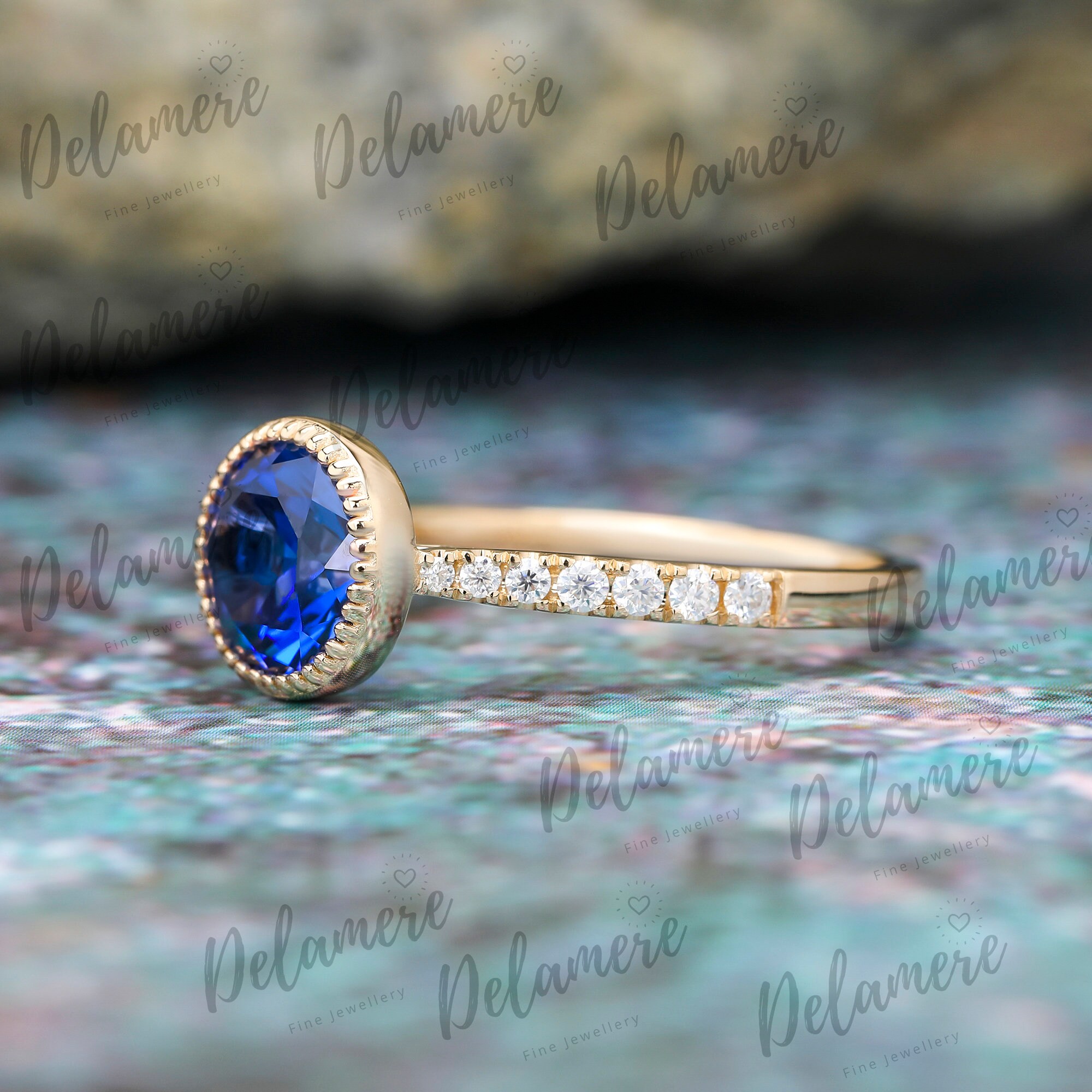 Round Cut Blue Sapphire Engagement Ring Vintage 14k Solid Gold Rings ...