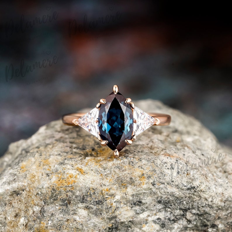 Marquise Cut Alexandrite Engagement Ring Moissanite Three Stone Ring ...