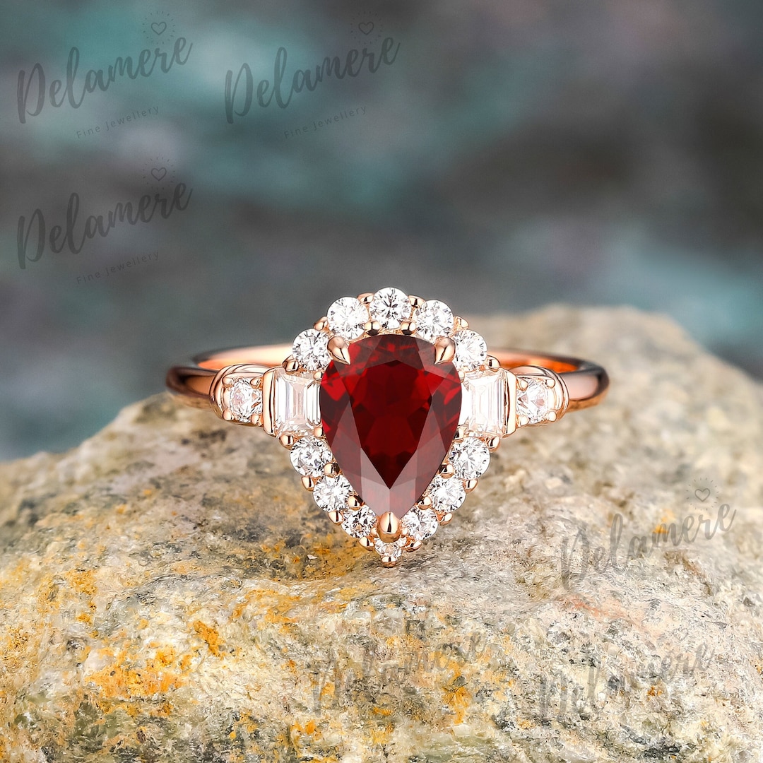Pear Cut Red Ruby Engagement Ring Unique Rose Gold July Birthstone Ring ...