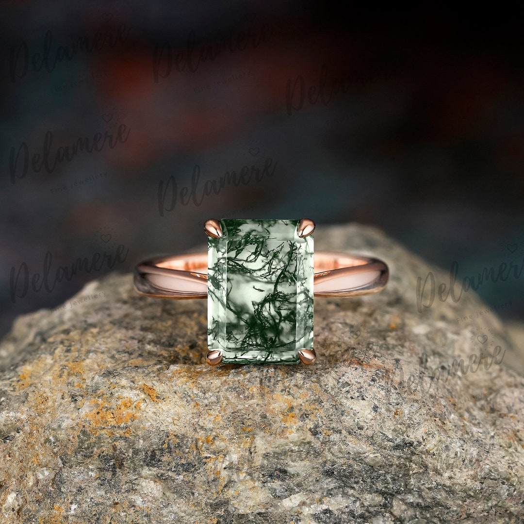 Emerald Cut 3.5ct Natural Moss Agate Engagement Ring Solid Gold Ring ...