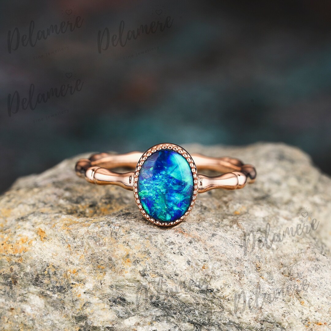 Oval Natural Blue Opal Ring Solid 10K/14K/18K Rose Gold Engagement ...