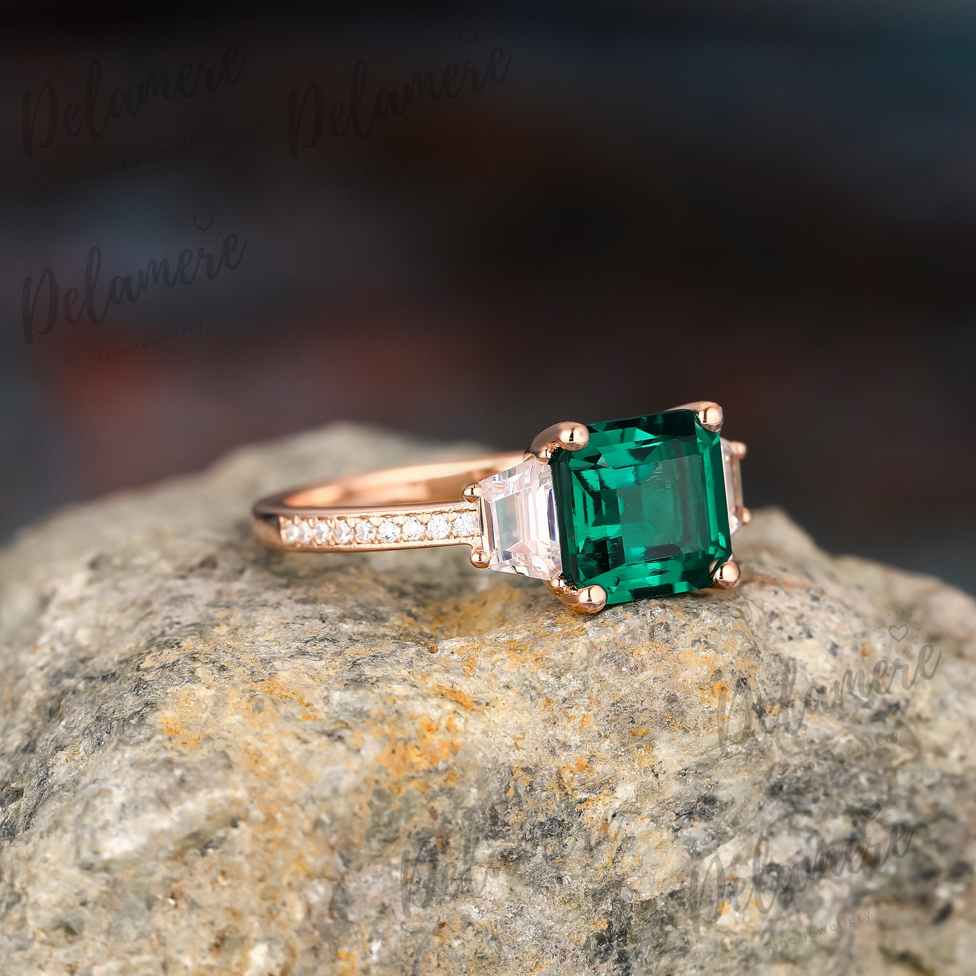 Vintage Emerald Engagement Ring Solid Gold Moissanite Bridal Ring for Women Green Gemstone May ...