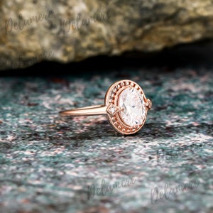 Art Deco Solid Rose Gold Promis Ring Oval Cut DF 1.5ct Moissanite ...