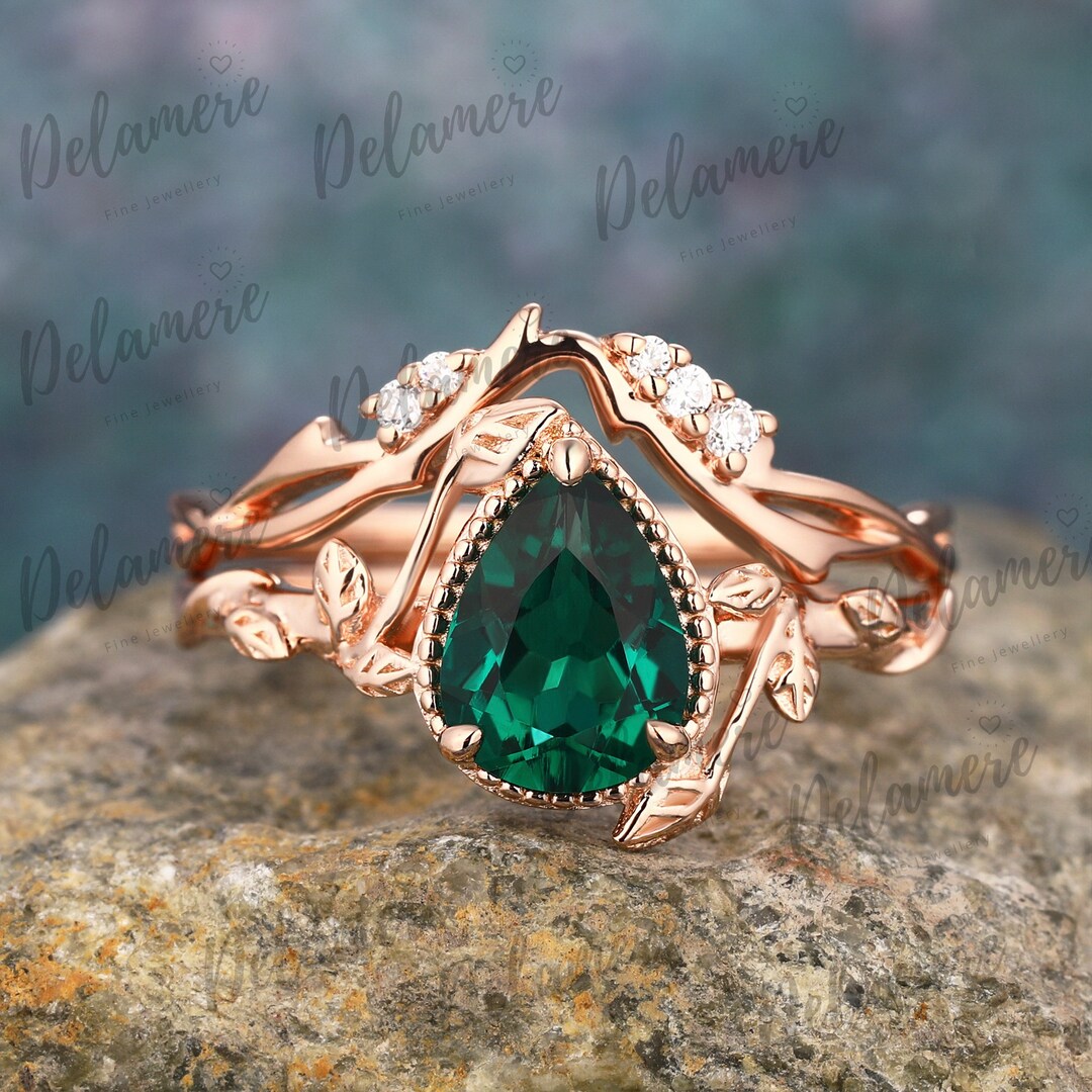 14K Solid Yellow Gold Emeald Wedding Bridal Sets Ring Nature Inspired ...