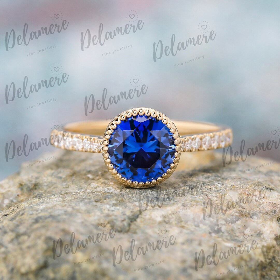 Round Cut Blue Sapphire Engagement Ring Vintage 14k Solid Gold Rings ...