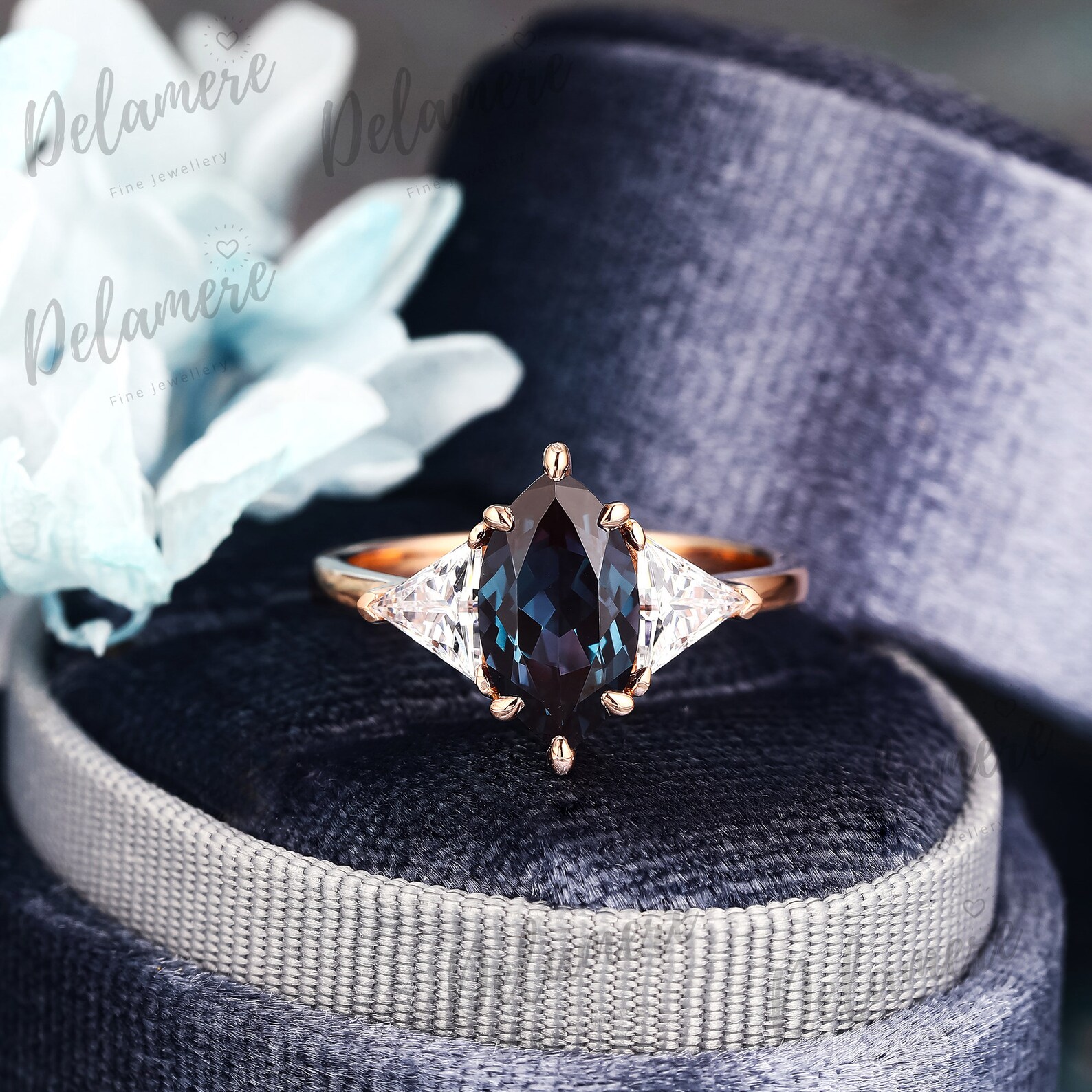 Marquise Cut Alexandrite Engagement Ring Moissanite Three Stone Ring ...