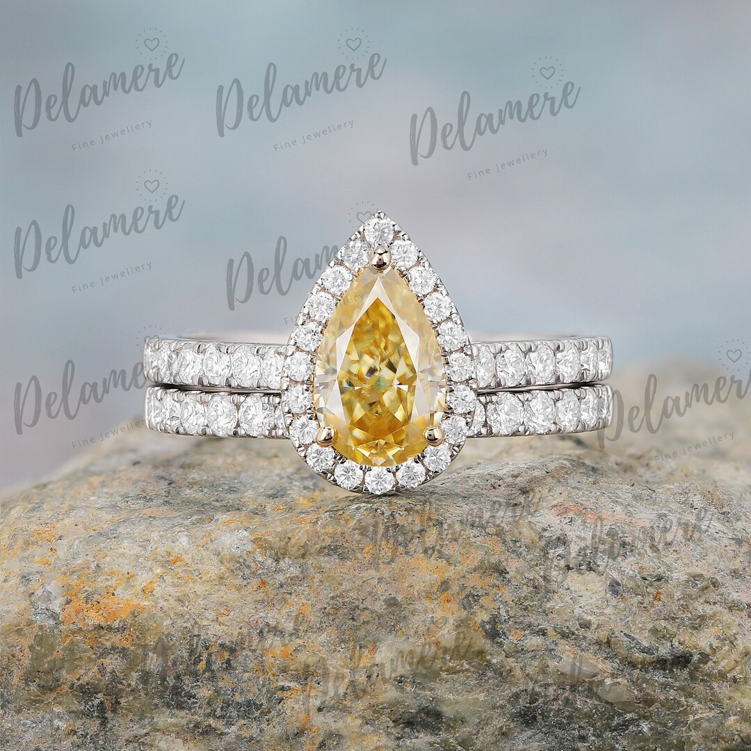 Teardrop Yellow Moissanite Engagement Ring Sets Halo Wedding Band ...