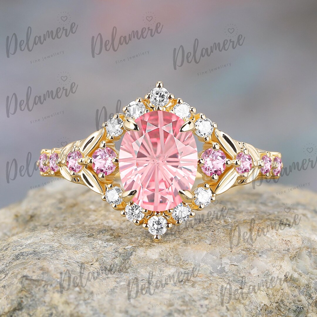 Firework Cut Lab Grown Pink Sapphire Engagement Ring Oval Shape Pink ...