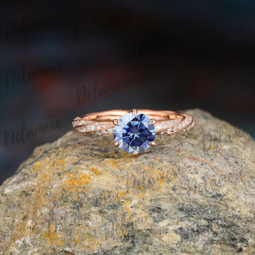 Round Cut 1CT Blue Grey Moissanite Ring Engagement Ring for Women Rose ...