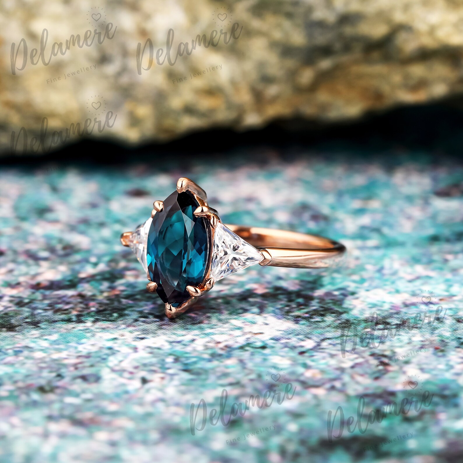 Marquise Cut Alexandrite Engagement Ring Moissanite Three Stone Ring ...