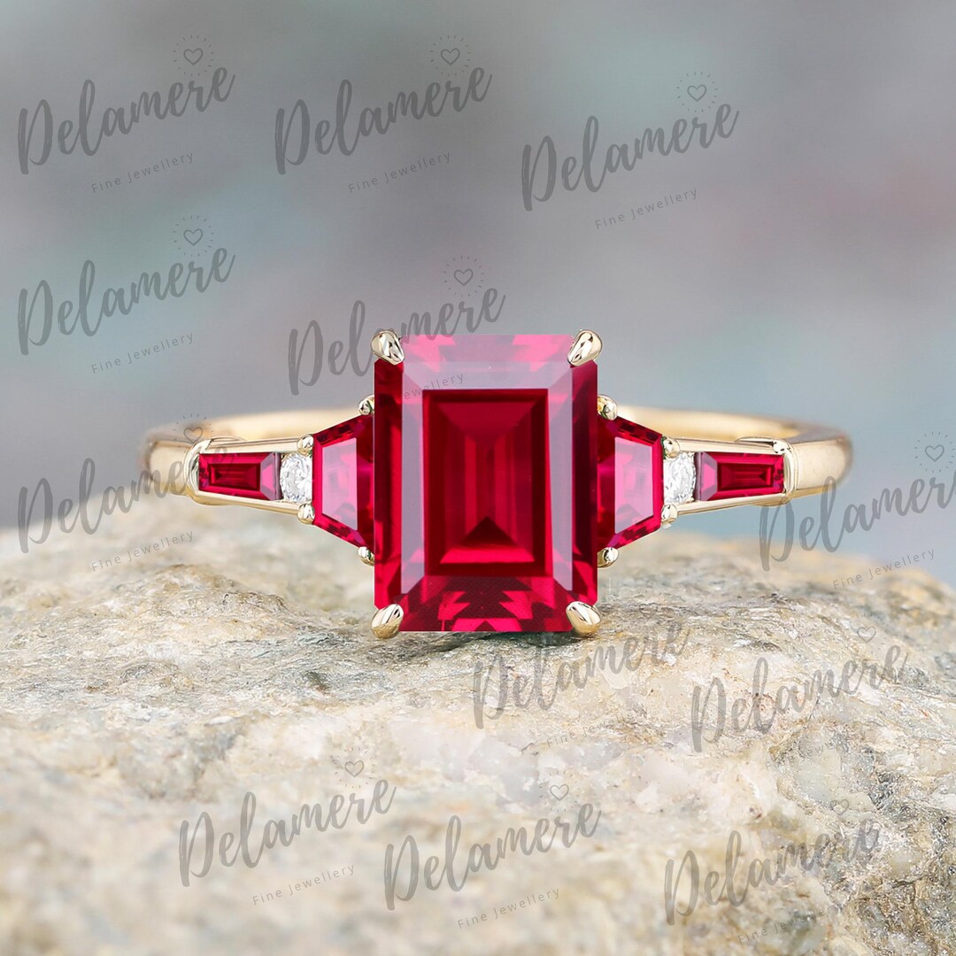 Emerald Cut Red Ruby Bridal Ring Moissanite Solid Gold Wedding Ring ...
