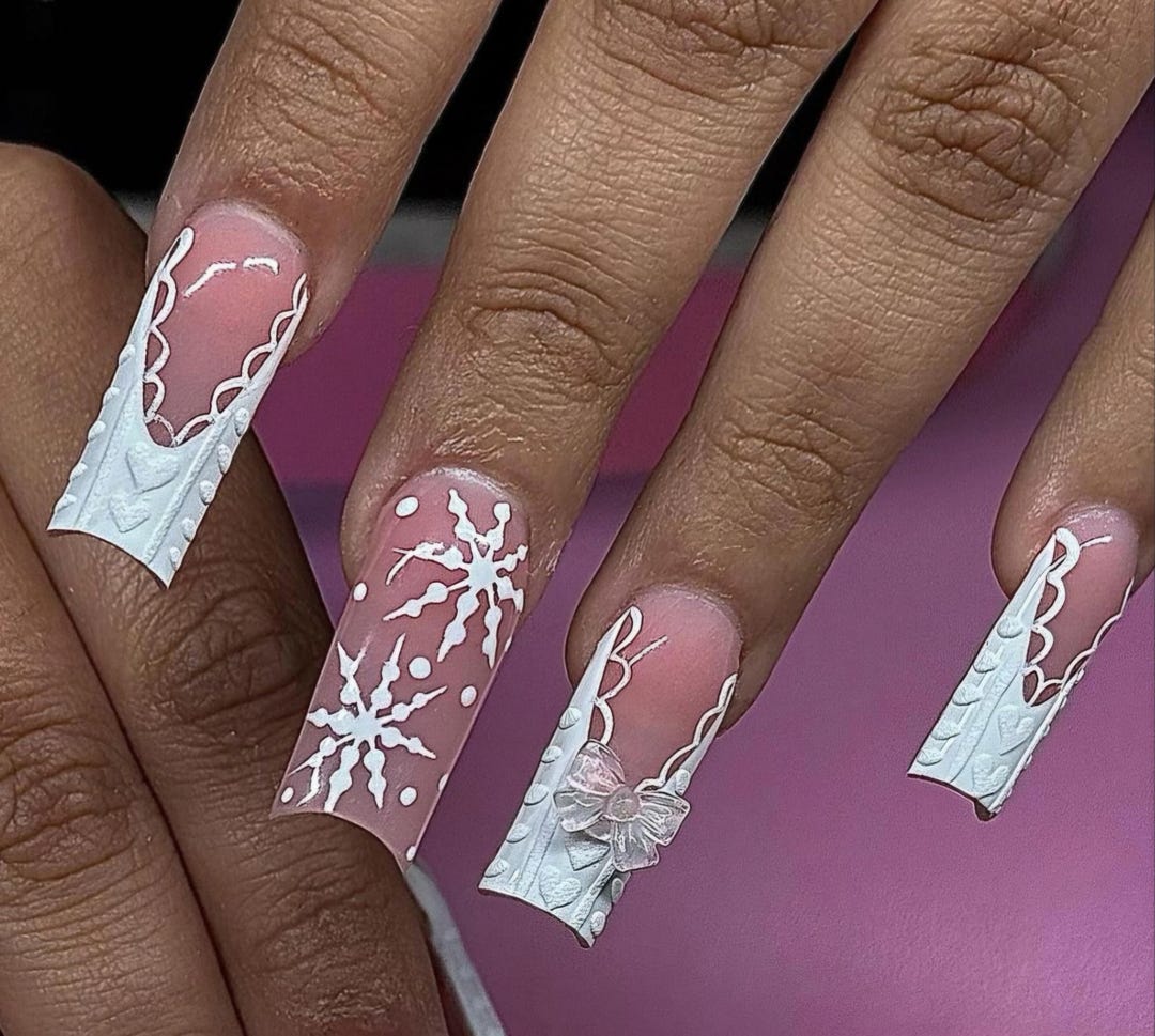 White Coquette Winter + Snowflakes Press Ons | Holiday Press on Nails ...