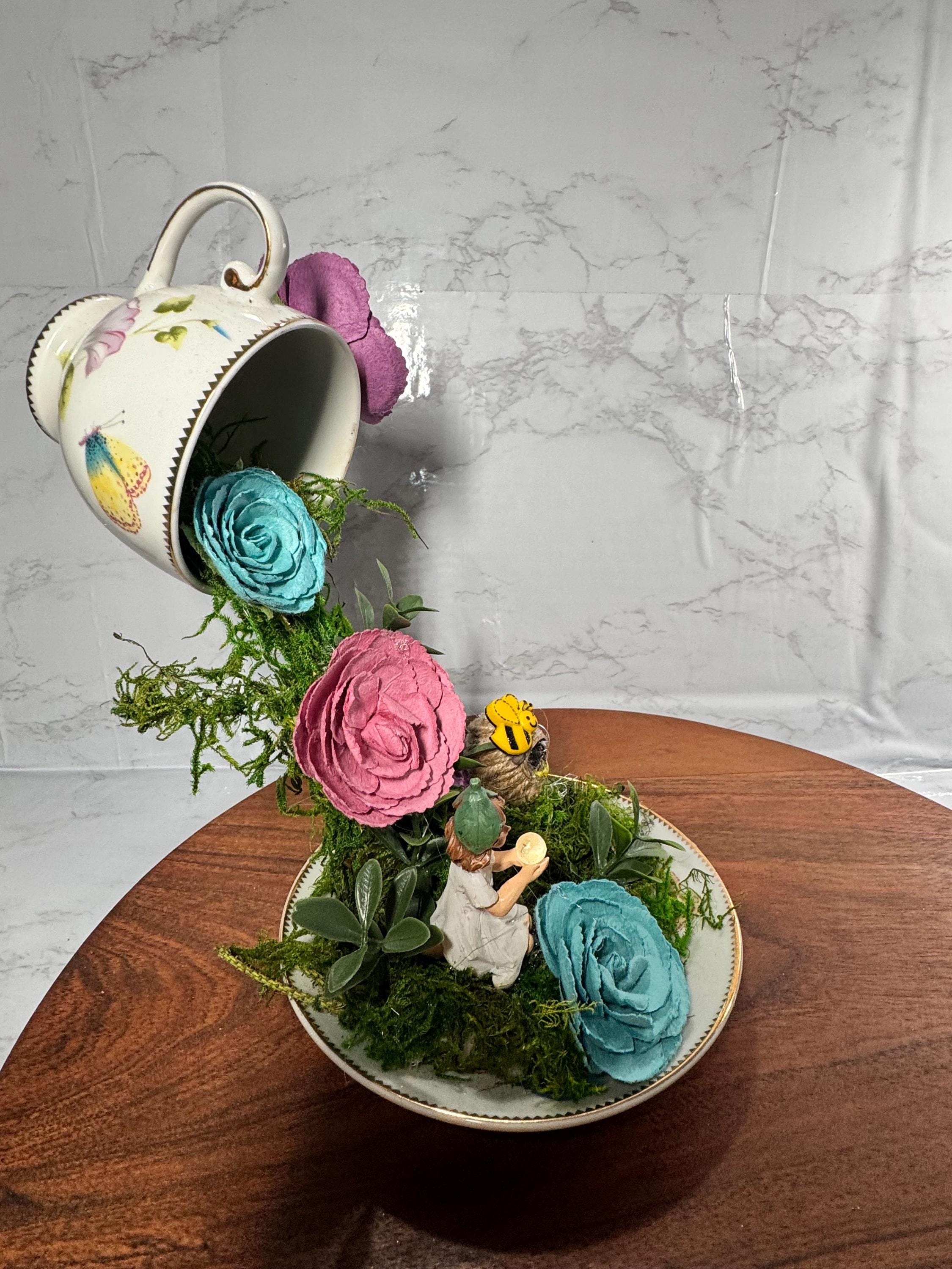 Floating Teacup, Teacup and Saucer Decor, Fairy Garden Teacup, Elavated ...