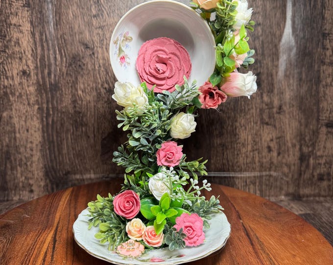 Elevated Teacup, Floating Teacup, Faux Floral Teacup Display, Teacup ...