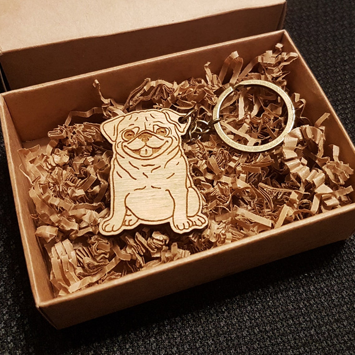 10 Pieces Wooden Pug Dog Keychain, Hand Made Puppy Keyring, Dogs Animal ...