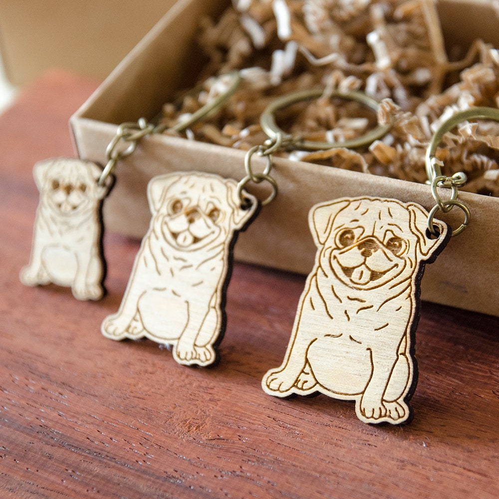 10 Pieces Wooden Pug Dog Keychain, Hand Made Puppy Keyring, Dogs Animal ...