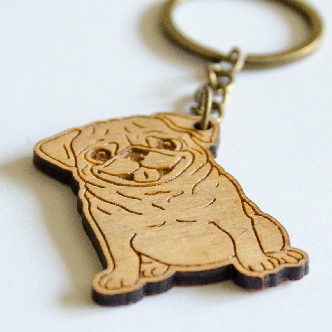 10 Pieces Wooden Pug Dog Keychain, Hand Made Puppy Keyring, Dogs Animal ...