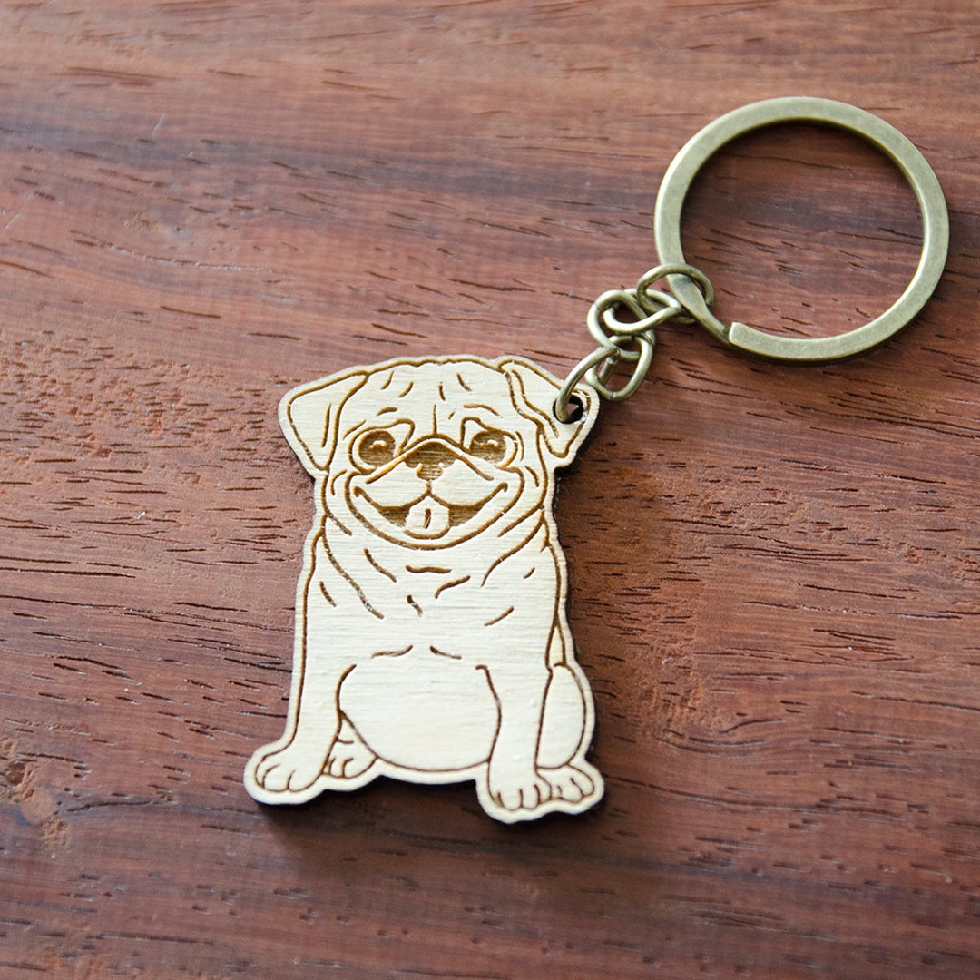 10 Pieces Wooden Pug Dog Keychain, Hand Made Puppy Keyring, Dogs Animal ...