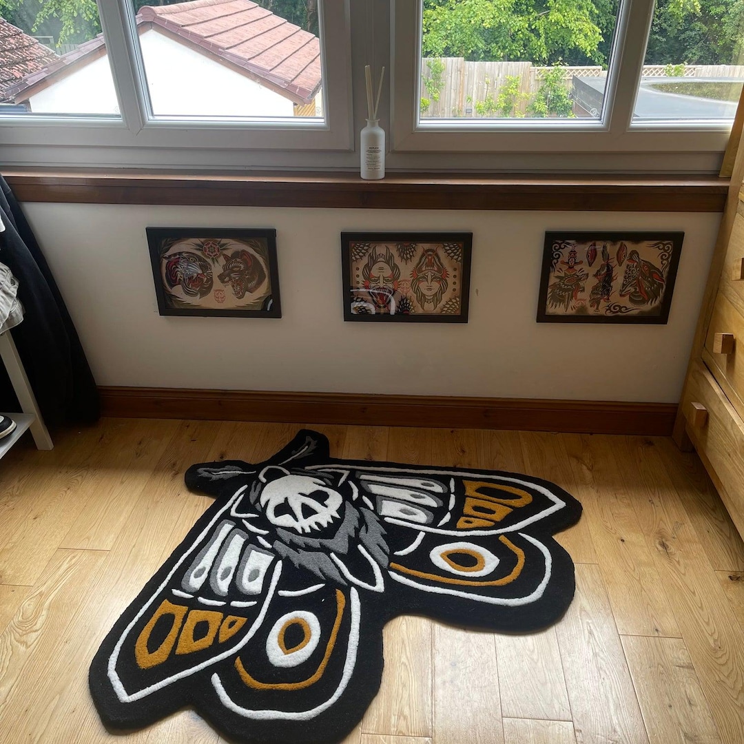 Moth Rug, Death Head Moth Rug, Tattoo Style Rug, Handmade Tufted Rug ...
