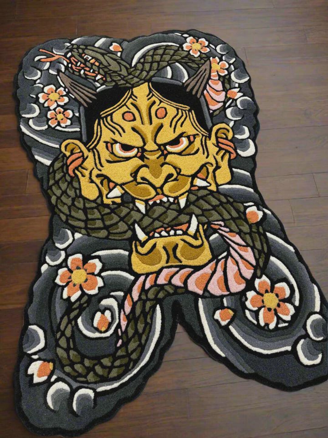 Hannya Mask Rug: Hand-tufted Wool Tattoo Art With Snake - Etsy