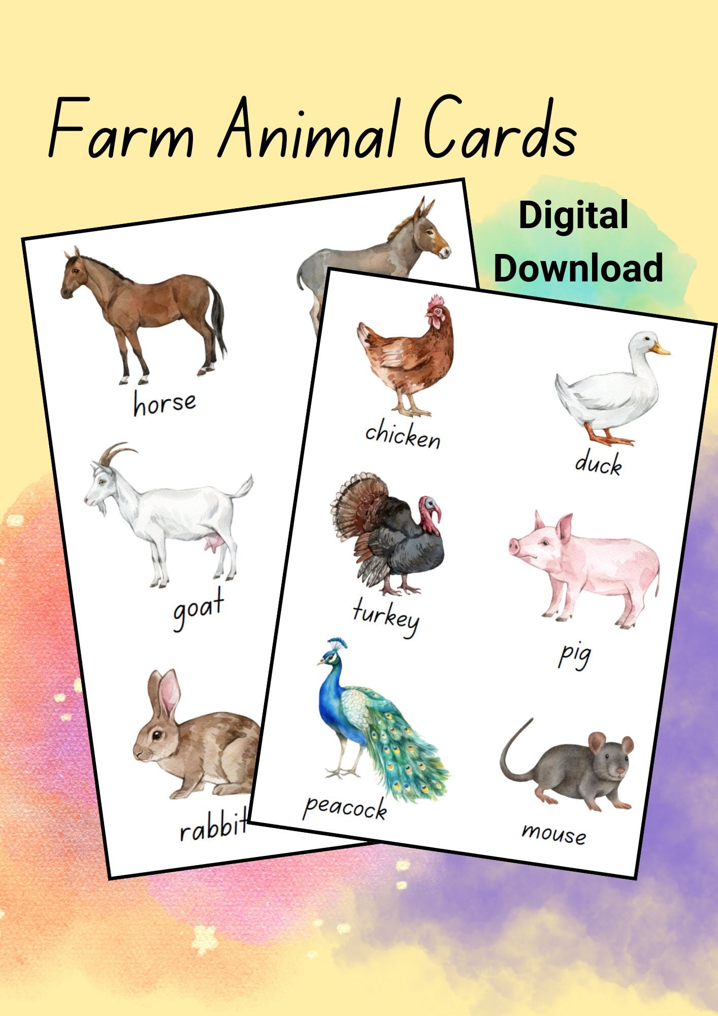 Farm Animal Flash Cards, Montessori Materials, Animal Cards, Learning ...