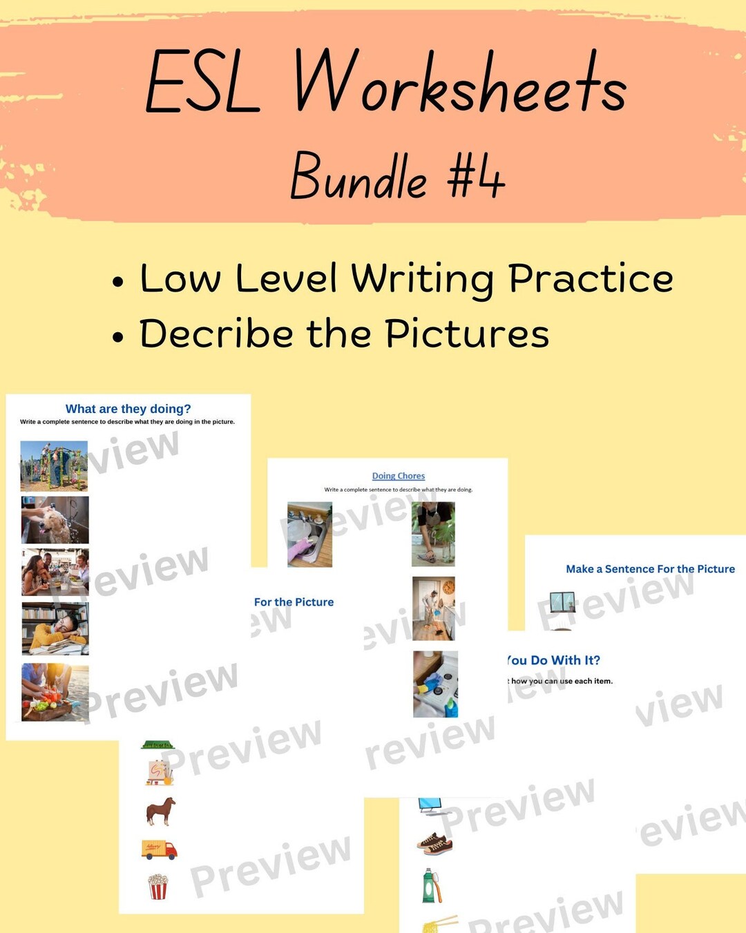 5 Worksheet Bundle ESL Practice, English Sentence Writing, Low Level ...