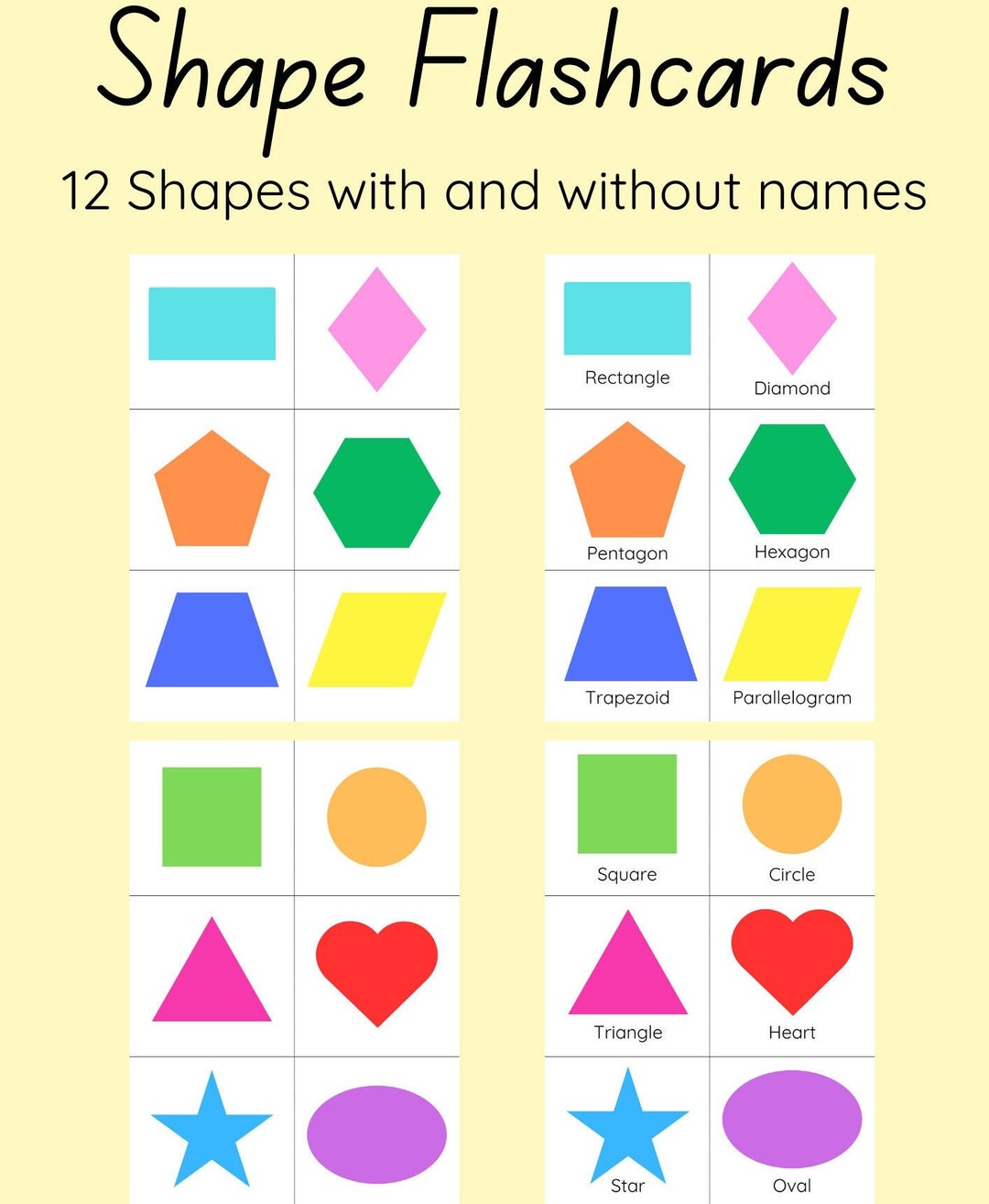 Shape Flashcards, 12 Shape Cards Blank and Labeled, Young Learner Shape ...