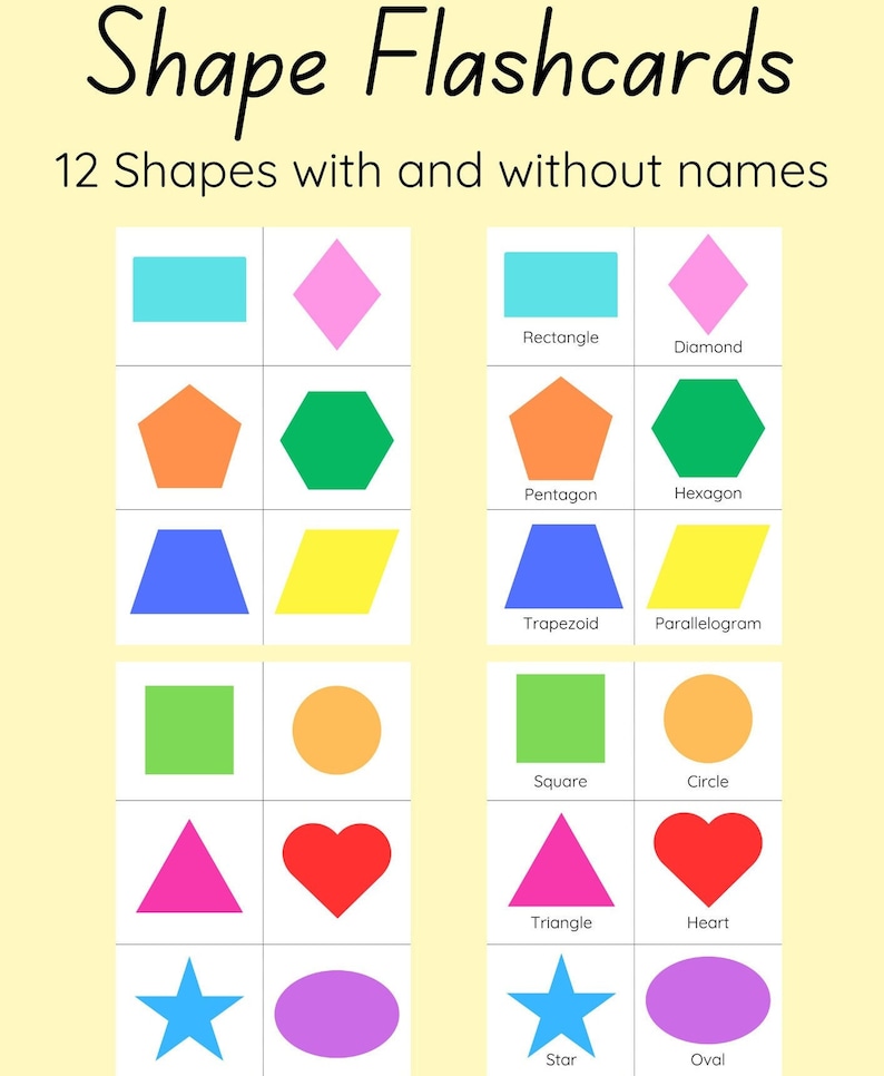 Shape Flashcards, 12 Shape Cards Blank and Labeled, Young Learner Shape ...