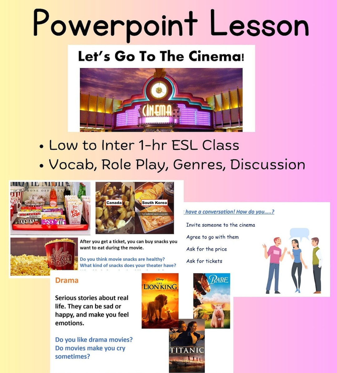 English Powerpoint Lesson, Going to the Movies, Conversation ESL Class ...